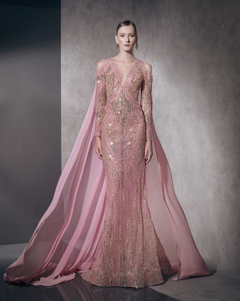 FULLY BEADED DRESS WITH LONG SCARVE SLEEVE - Ziad Nakad